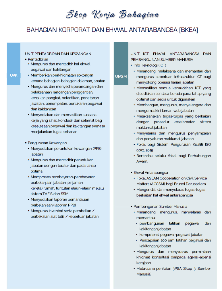 Jabatan Perkhidmatan Pengurusan - Skop Kerja